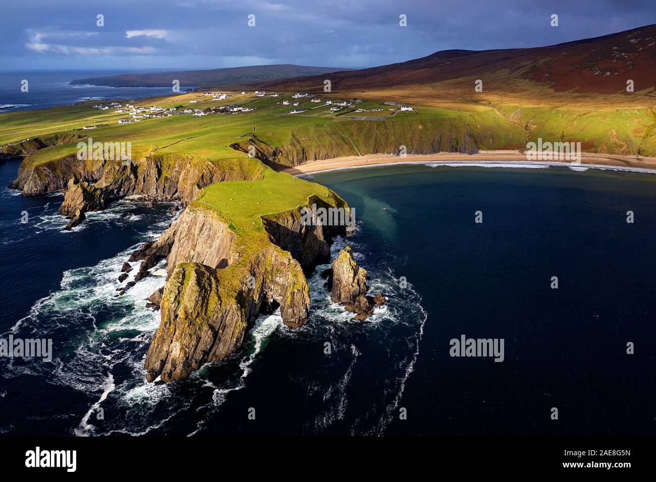 Aerial view of cliffs at Silver Strand Beach at Malinbeg in Southwest ...