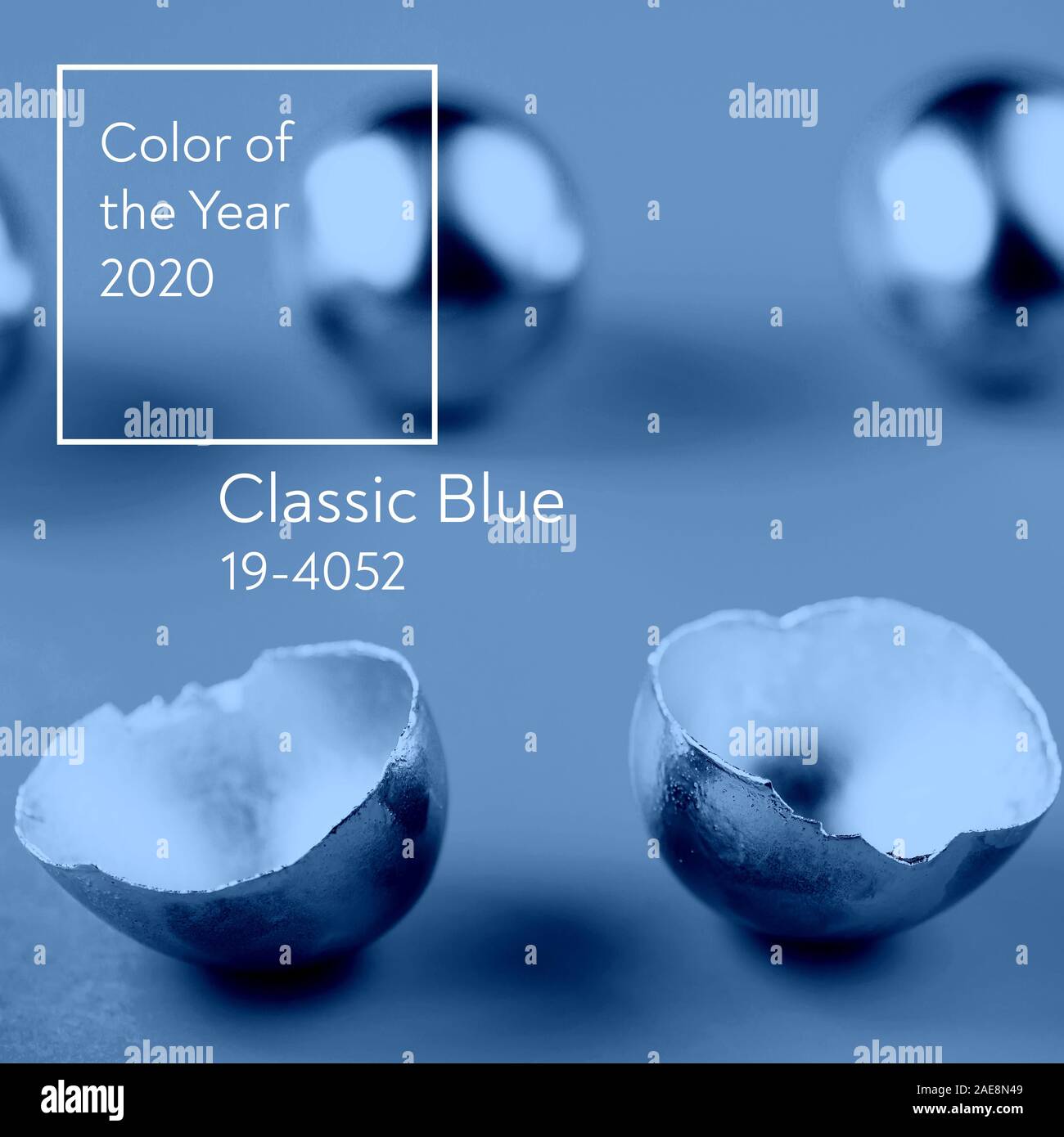 Classic Blue. Color of the Year 2020. silver eggs and shells on bright ...