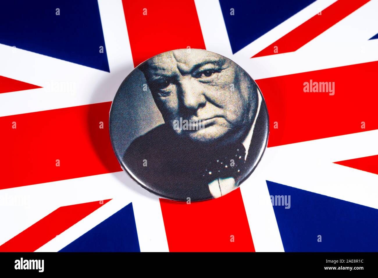London, UK - November 22nd 2019: A badge with a portrait of Sir Winston ...