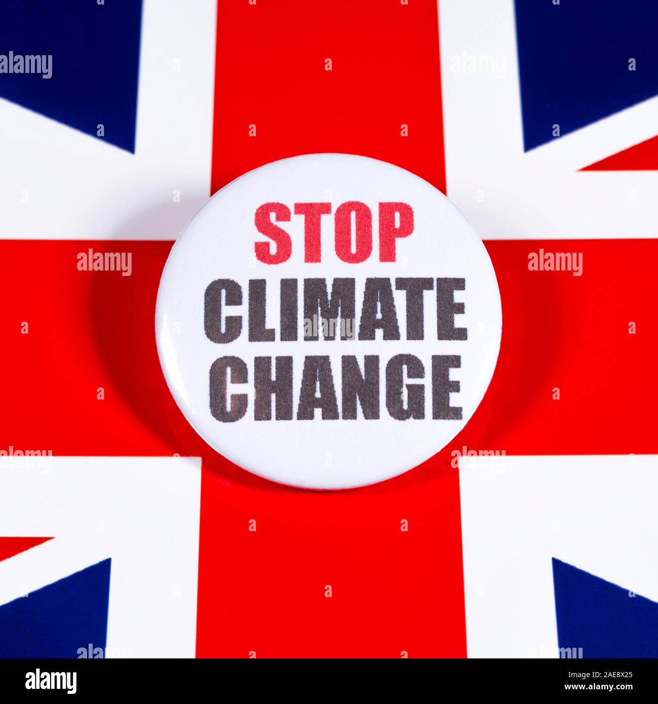 London, UK - November 22nd 2019: A Stop Climate Change badge, pictured ...
