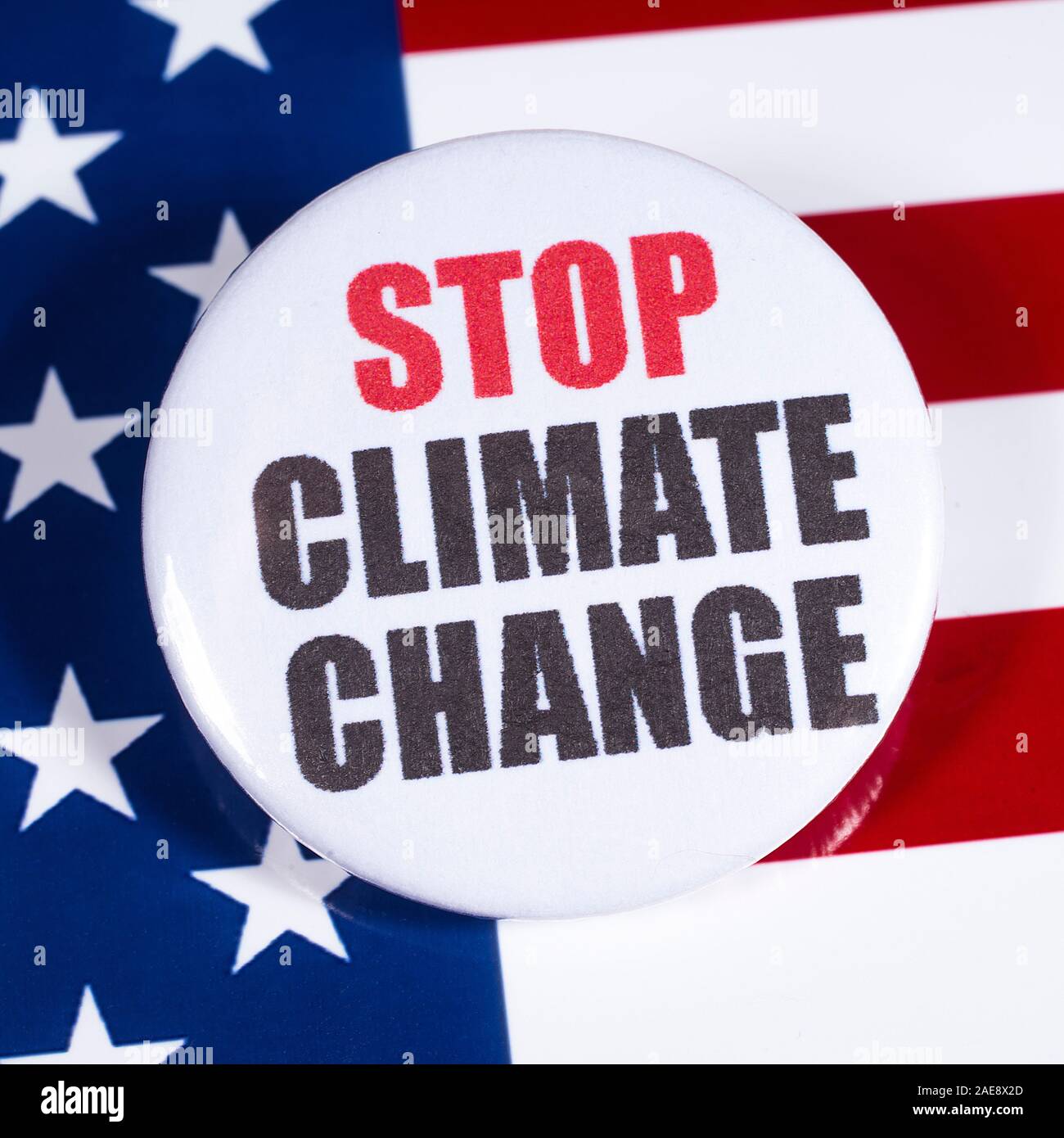 London, UK - November 22nd 2019: A Stop Climate Change badge, pictured ...