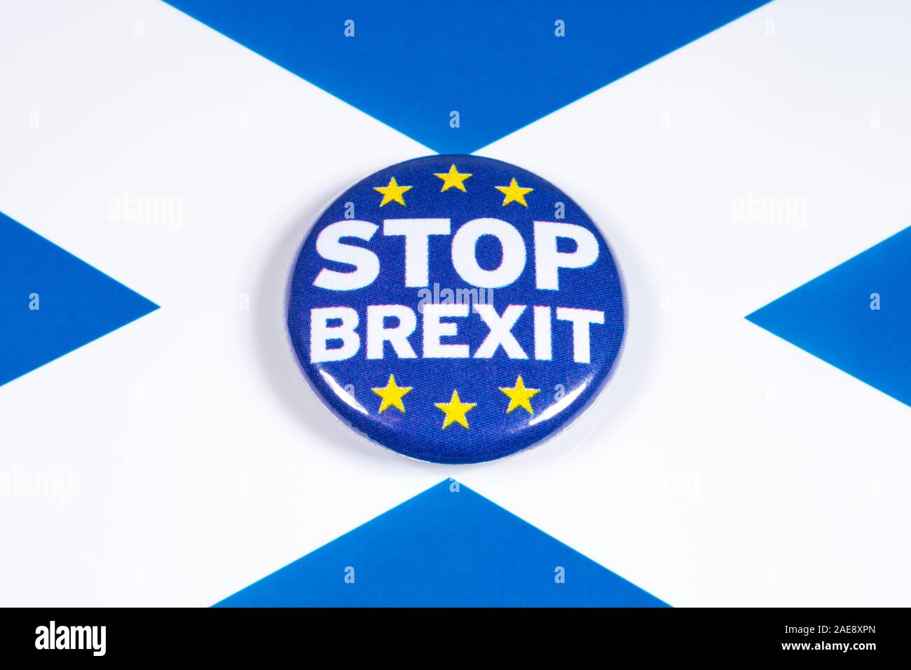 London, UK - December 3rd 2019: A Stop Brexit pin badge, pictured over ...