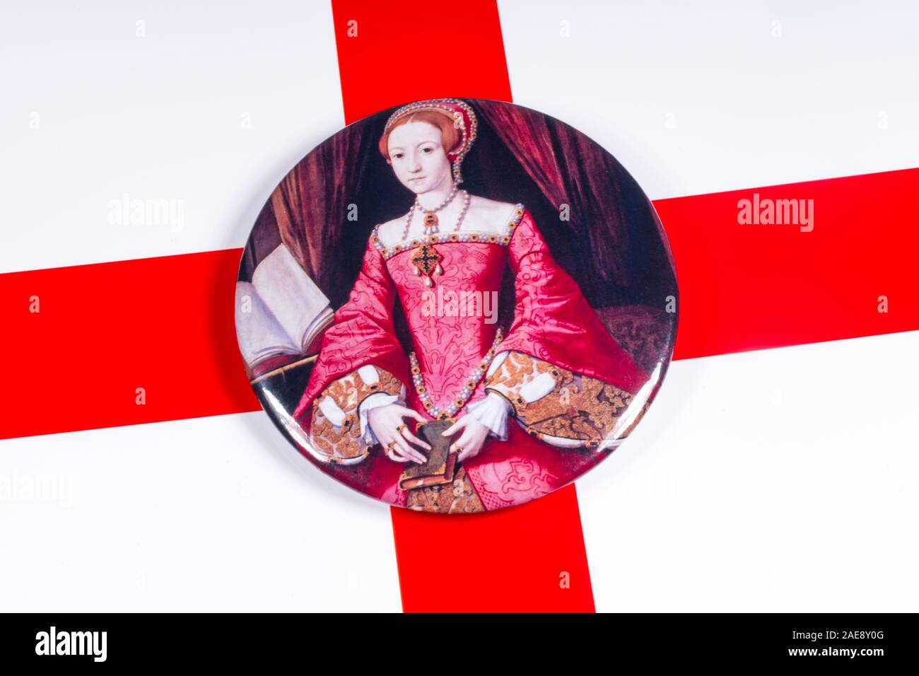 London, UK - December 3rd 2019: A pin badge with a portrait of Queen ...