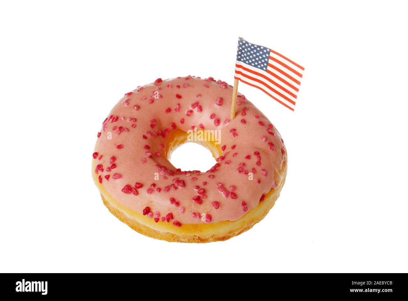 One pink glazed dount with a American flag isolated on white background ...