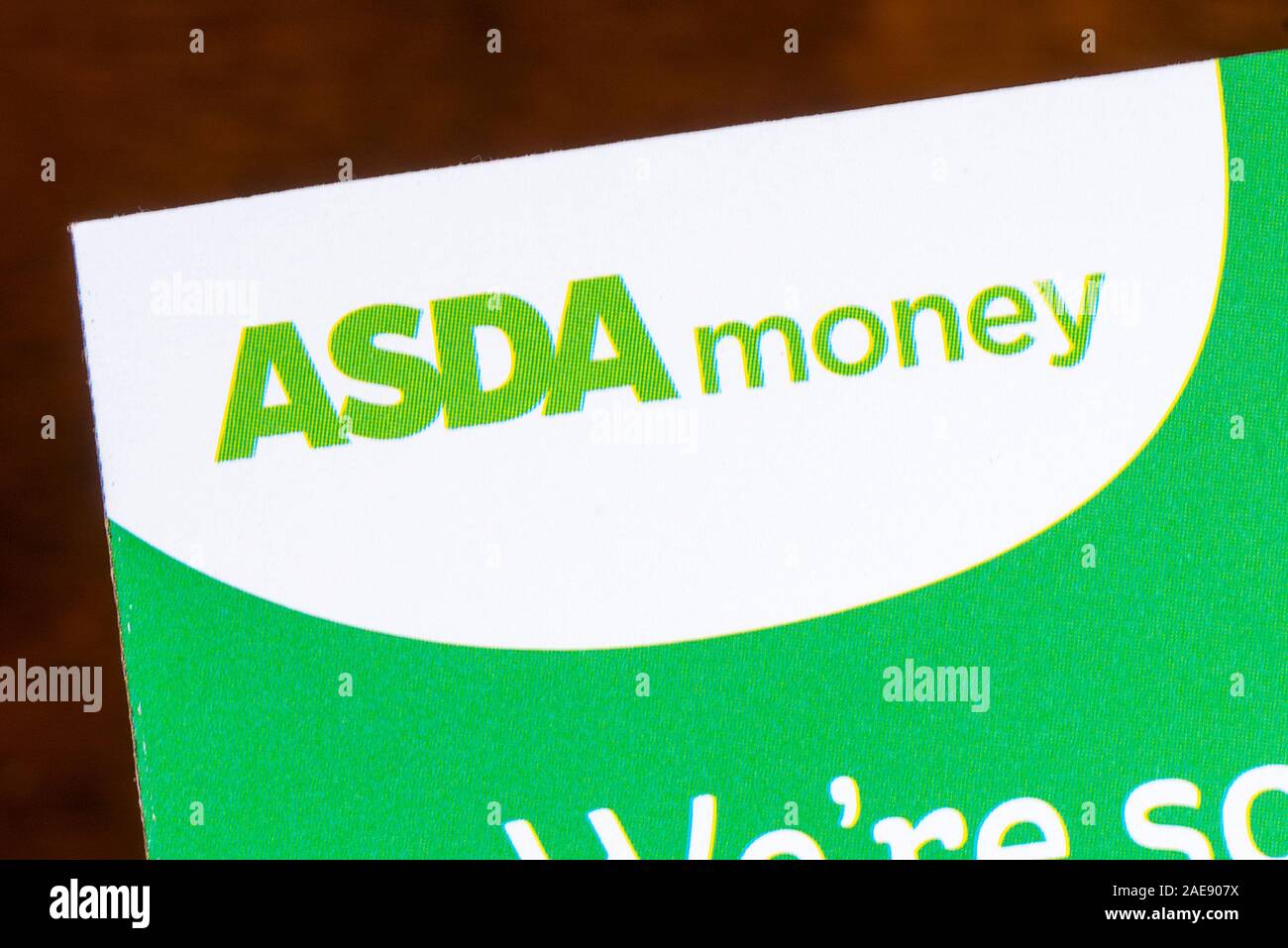 London, UK - December 3rd 2019: Close-up of the ASDA Money logo ...