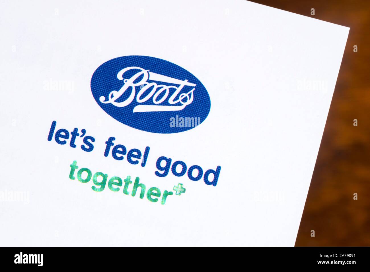 London, UK - December 3rd 2019: Close-up of the Boots company logo ...