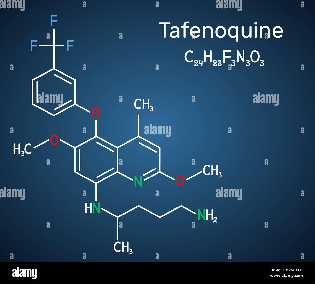 Tafenoquine drug molecule. It is used to prevent and to treat malaria ...