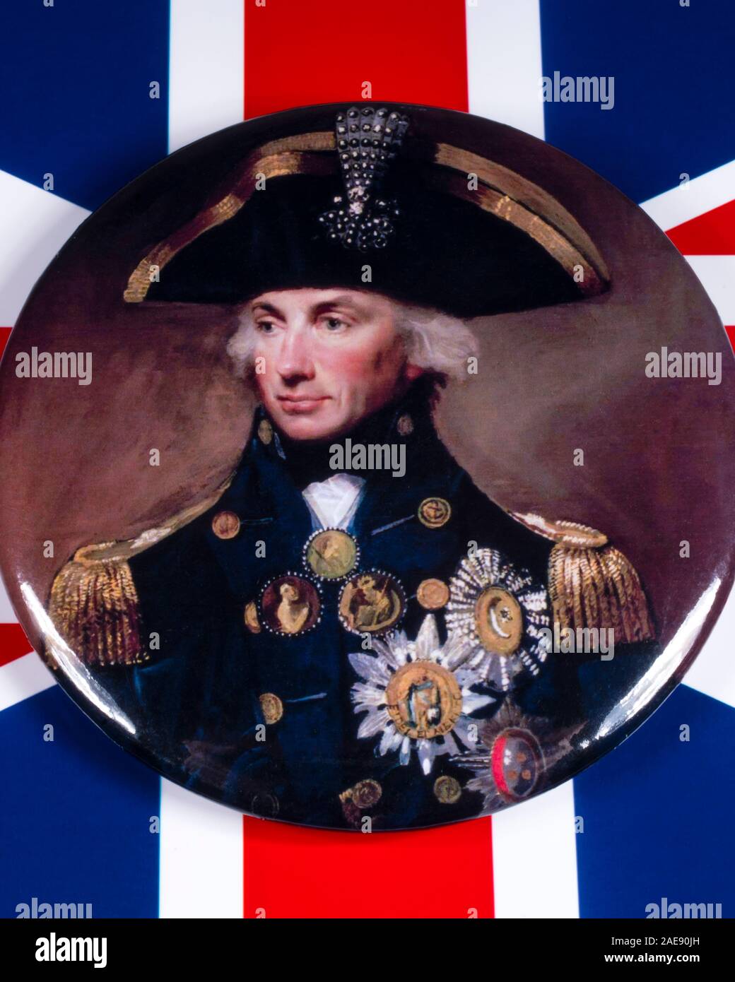 London, UK - December 3rd 2019: A pin badge with a portrait of Horatio ...