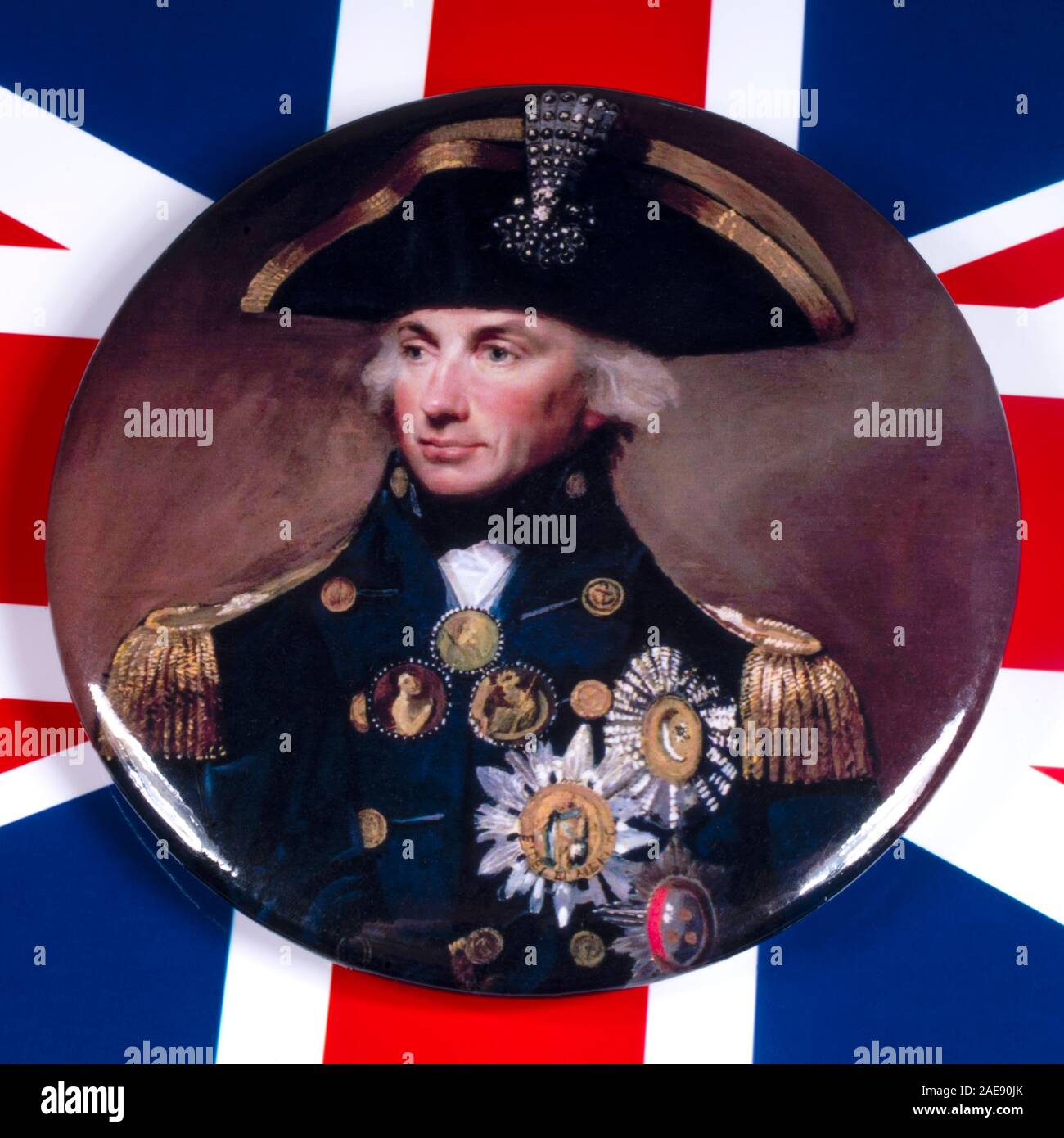 London, UK - December 3rd 2019: A pin badge with a portrait of Horatio ...