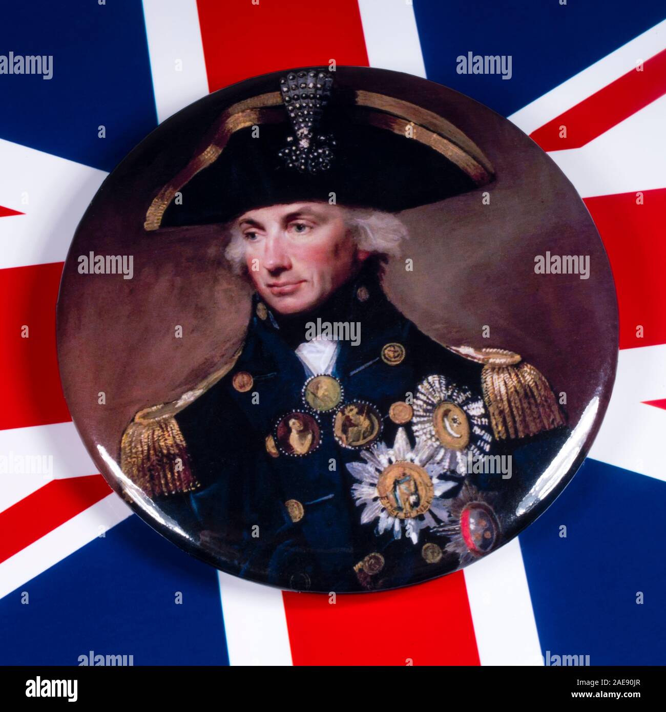 London, UK - December 3rd 2019: A pin badge with a portrait of Horatio ...