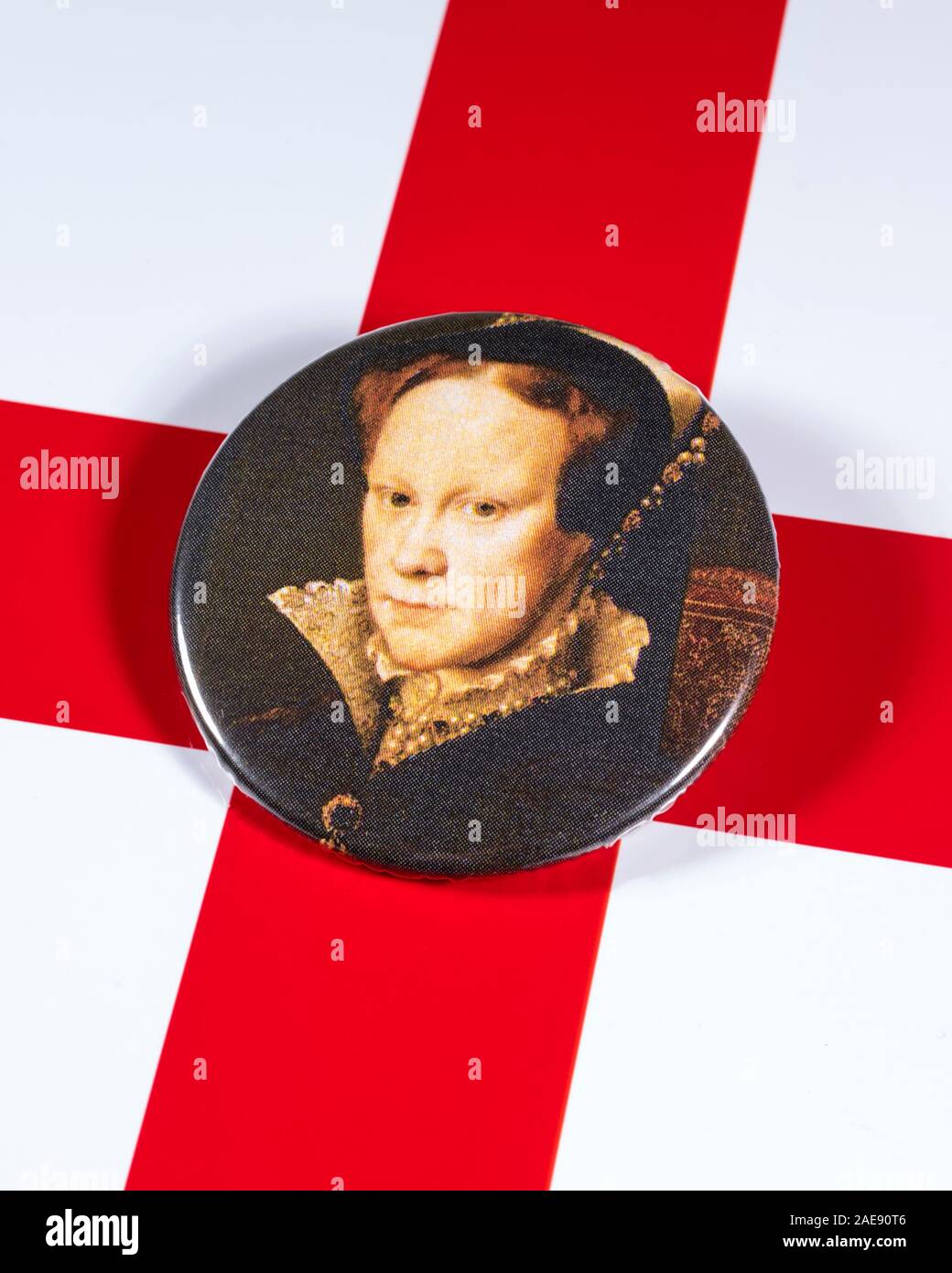 London, UK - December 5th 2019: A pin badge of Queen Mary I, also known ...