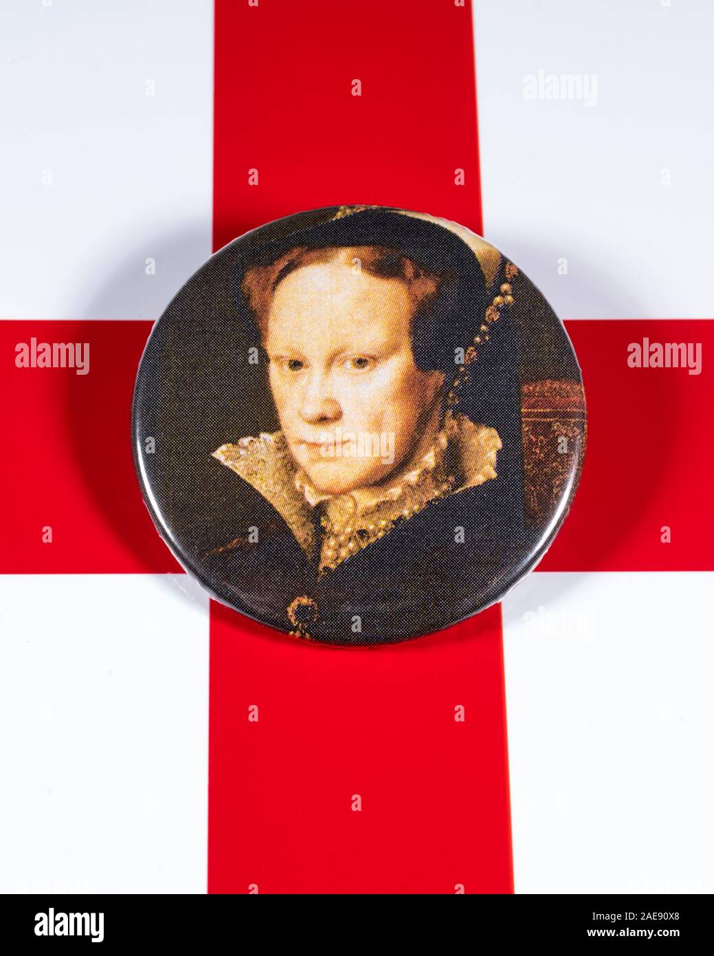 London, UK - December 5th 2019: A pin badge of Queen Mary I, also known ...