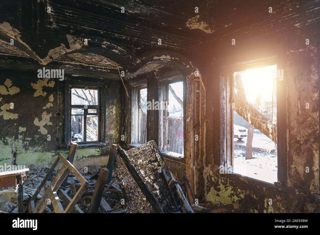 Burnt old rural house interior. Consequences of fire Stock Photo - Alamy