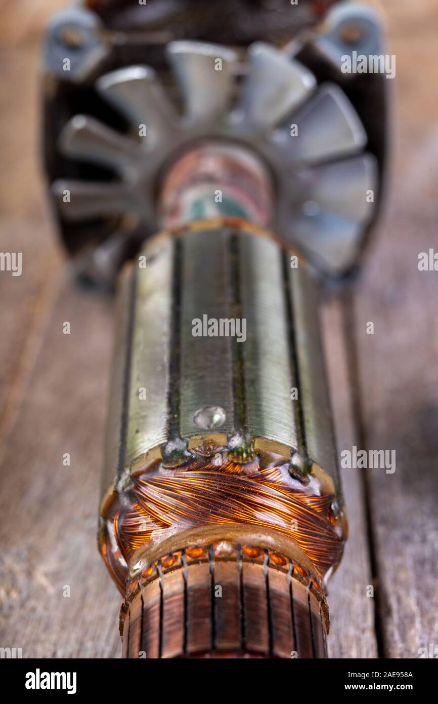 Electric rotors of an electric motor on a workbench. Spare parts for ...