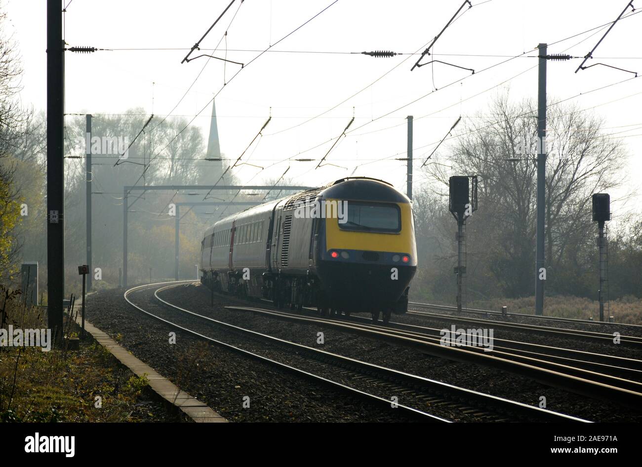 Hull Trains Class 43 HST 43010 and 43020 on loan from GWR passes Offord Cluny on the East Coast ...