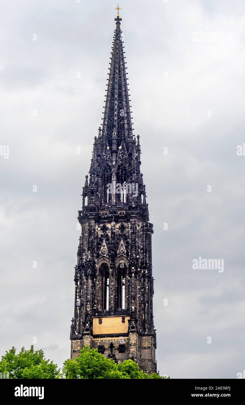 Gothic medieval spire of St Nicholas Church WWll memorial Hamburg ...