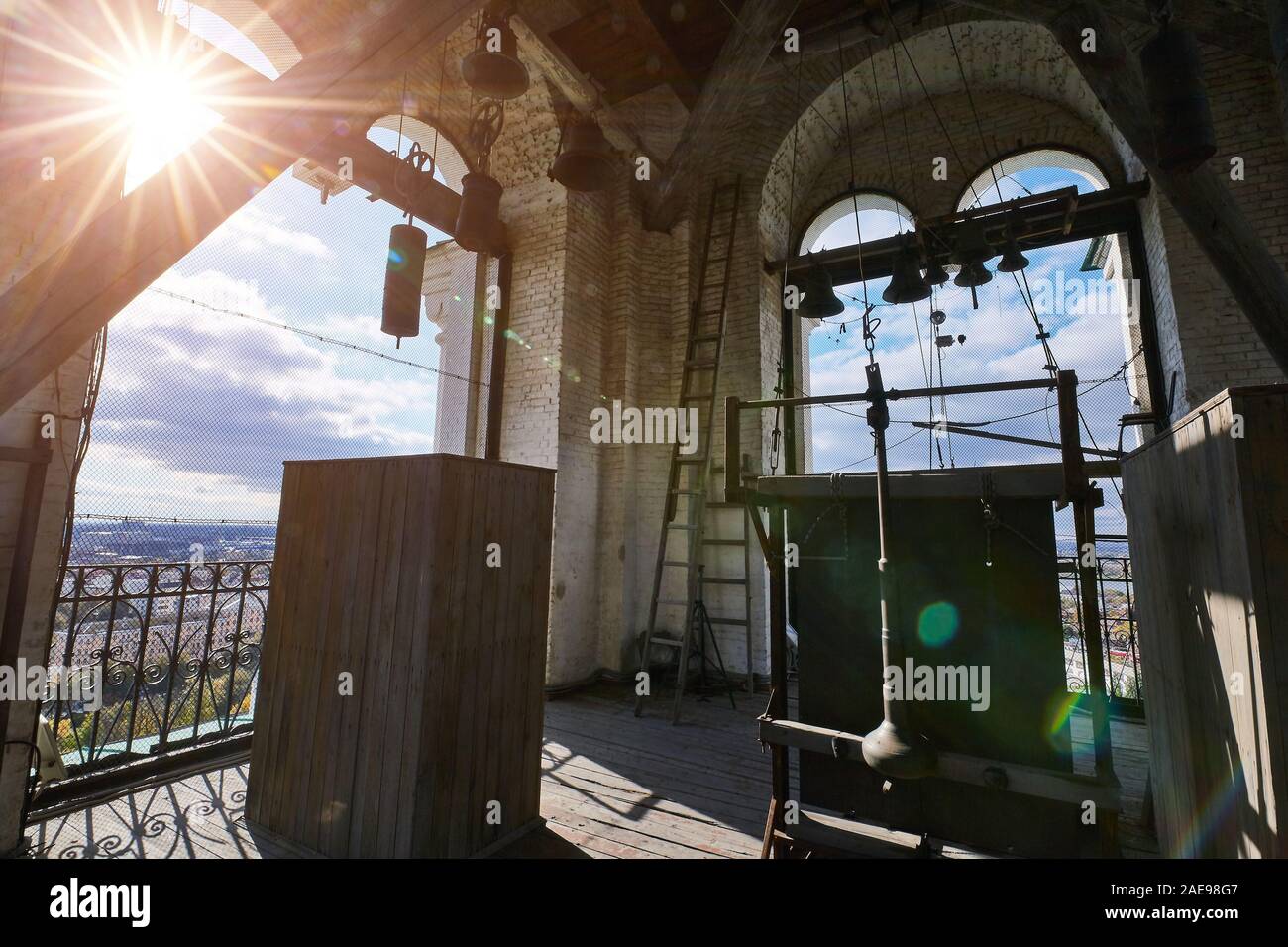 Top floor of an old church tower with beautiful city views on a sunny ...