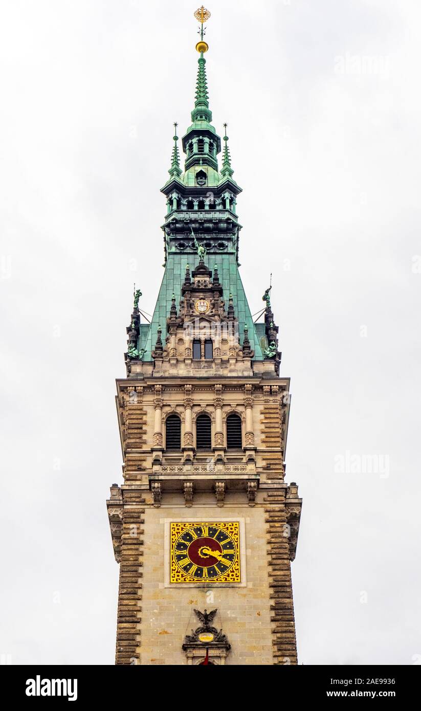 Clocktower and spire of Rathaus City Hall Hamburg Germany Stock Photo ...