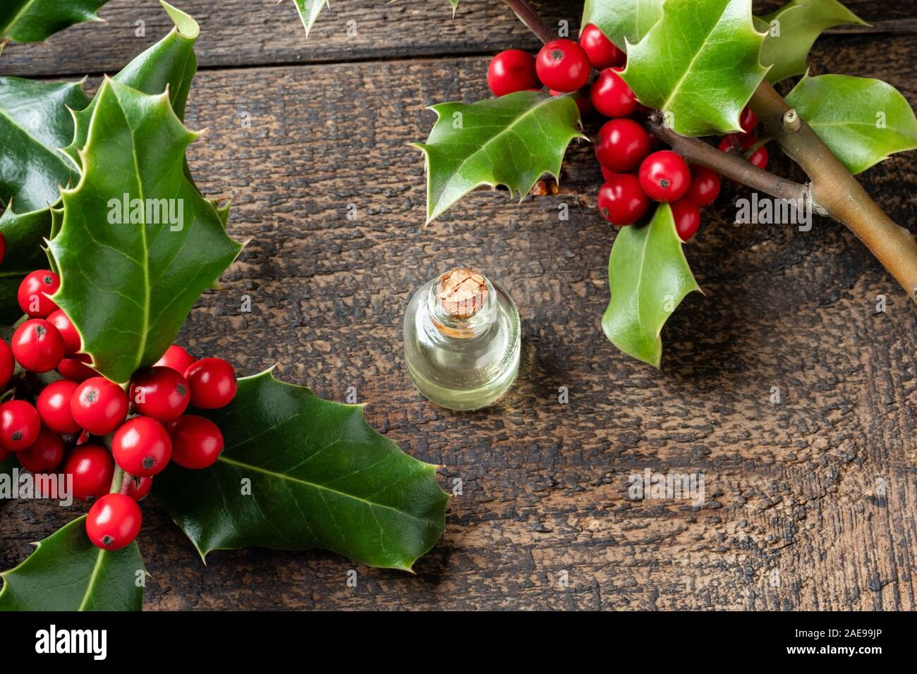 A bottle of essential oil with holly twigs on a table Stock Photo - Alamy