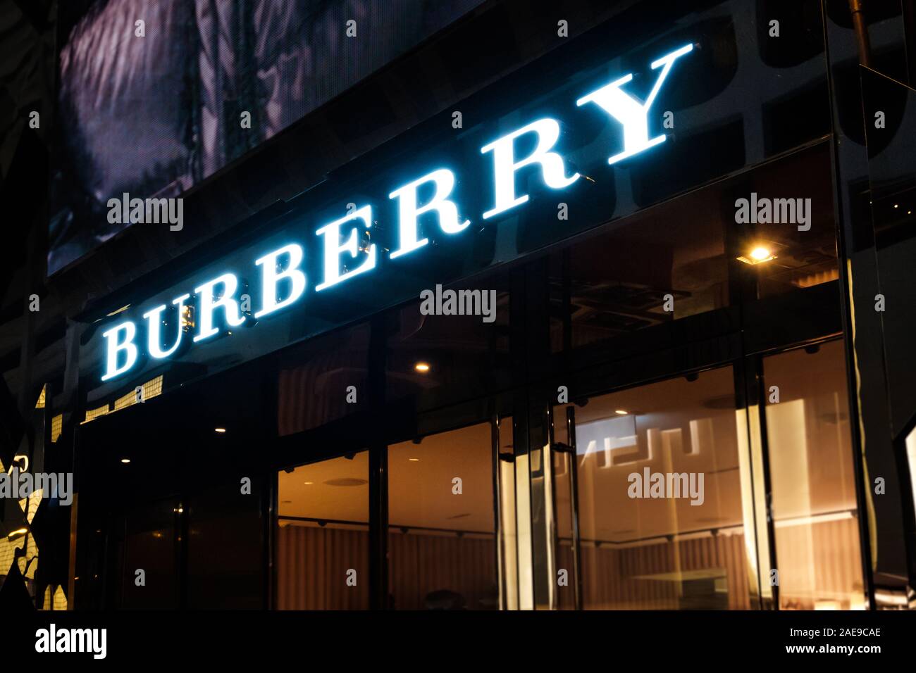 HongKong - November, 2019: The Burberry logo signage on shop facade in ...