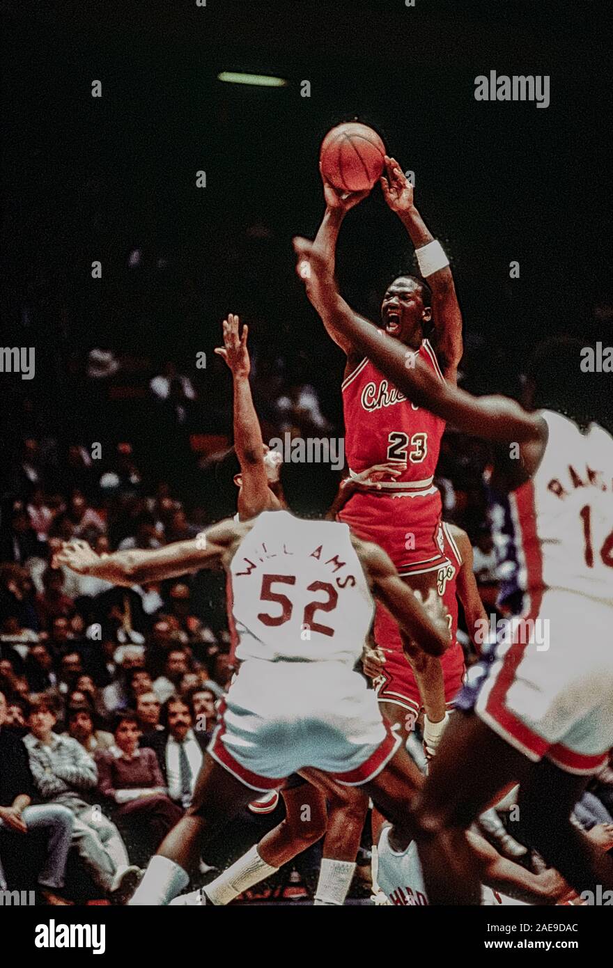 Michael Jordan, Chicago Bull in a game against New Jersey Nets in 1985 ...