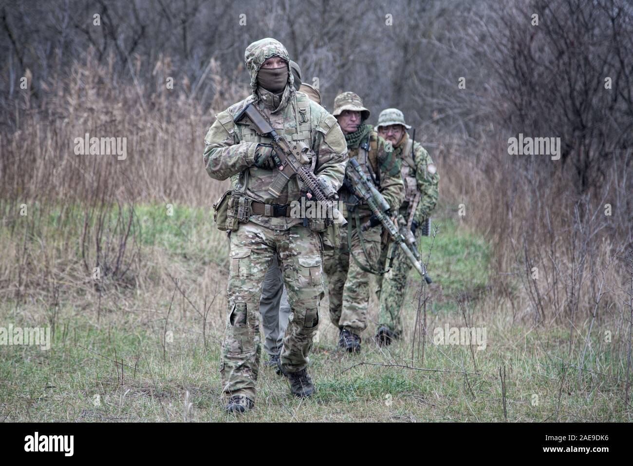 Army commandos tactical group on march in woods Stock Photo - Alamy