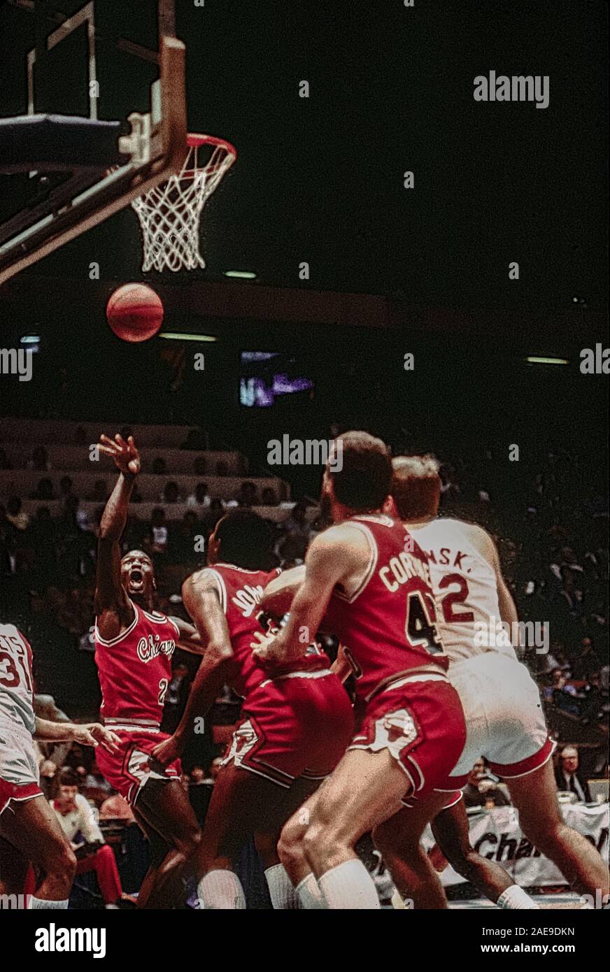 Michael Jordan, Chicago Bull in a game against New Jersey Nets in 1985 ...