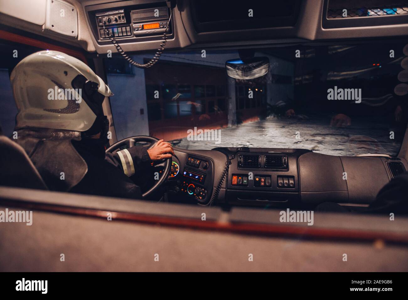 View from the inside of firefighting vehicle driven by a fireman Stock ...