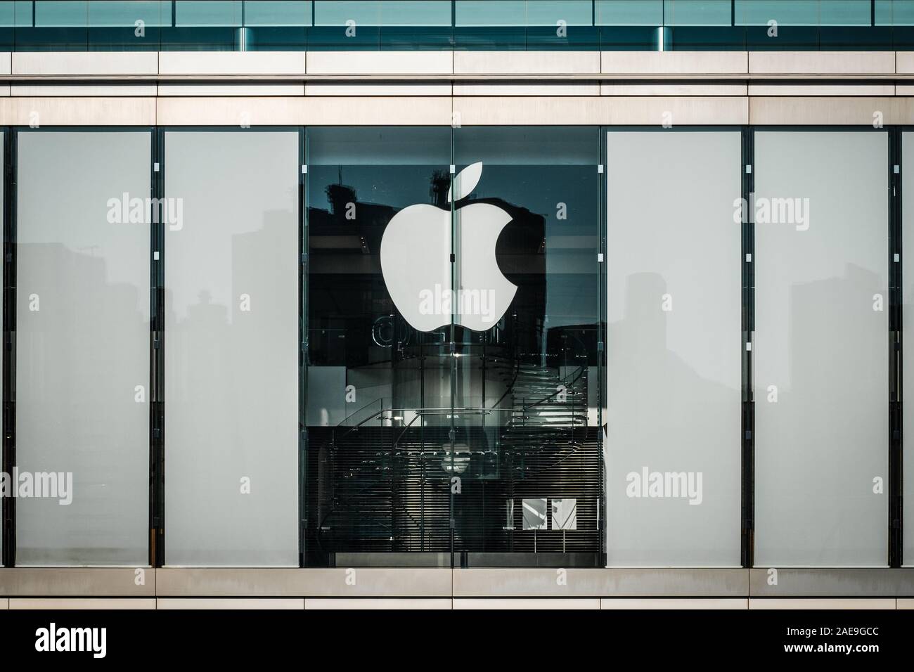 HongKong - November, 2019: The Apple logo on closed Apple flagship ...