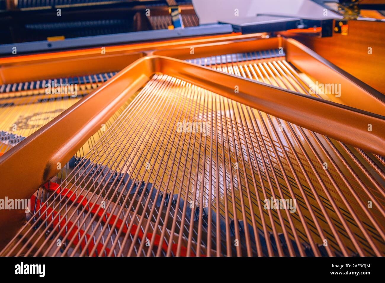 The interior of an black piano with all its details hammers,strings and ...
