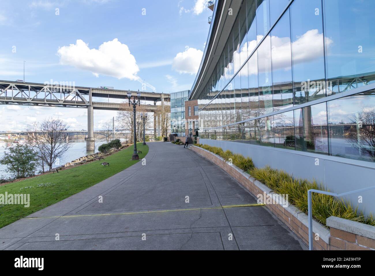 Walkway in the south waterfront district in Portland, Oregon on a ...