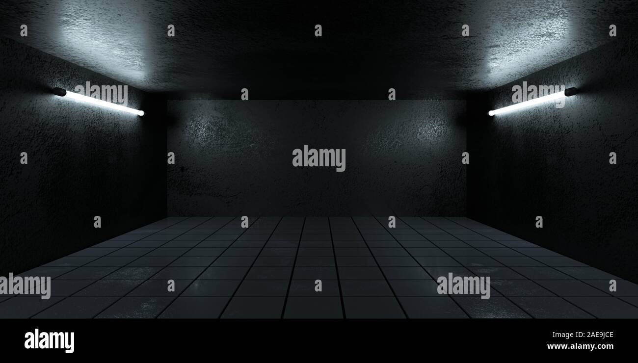 Underground concrete basement with low key blue lighting industrial ...