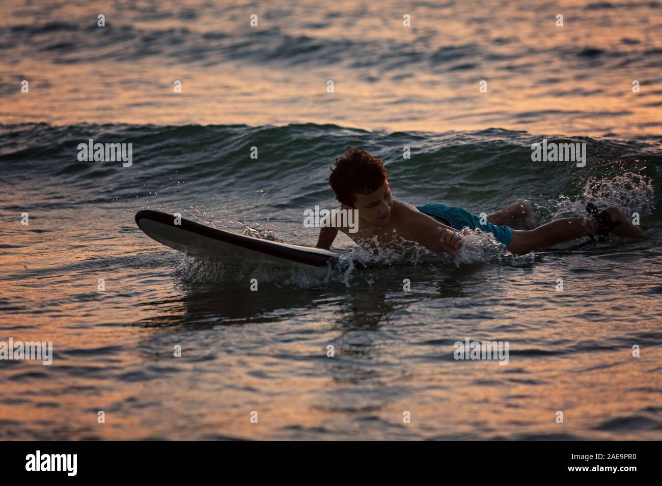 boy surfer lying on a surfboard in the evening on time of sunset Stock ...