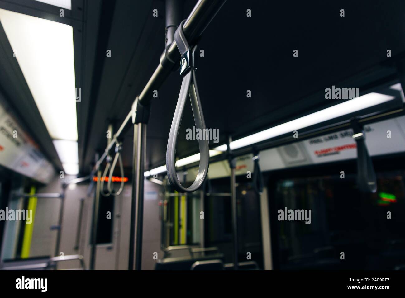 Handles for standing passenger inside a Underground train Stock Photo ...