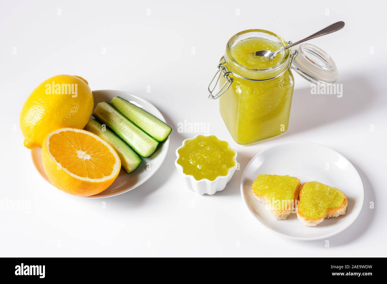 Homemade delicious cucumber jam with lemon and heart shaped toast on ...