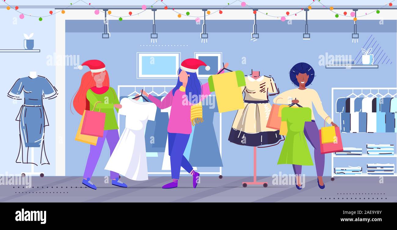 women shoppers in santa hats fighting for last dress customers couple ...