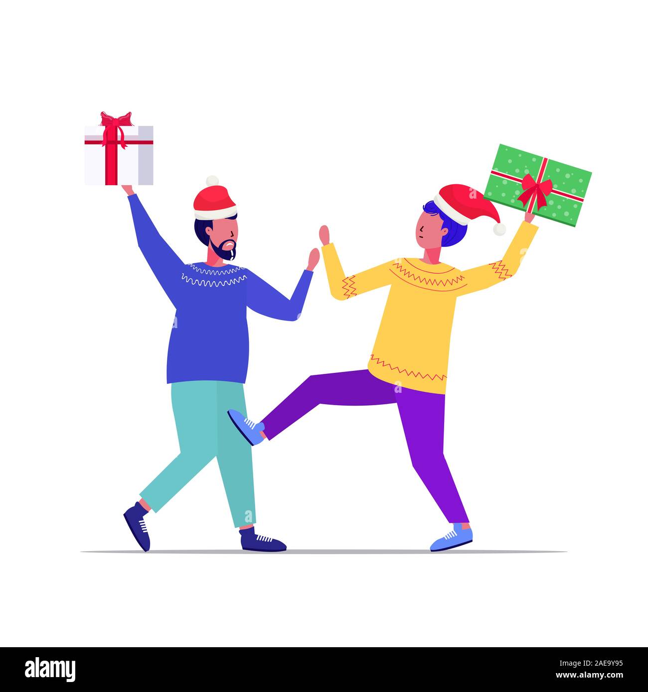 two men shoppers in santa hats fighting for last gift boxes customers ...