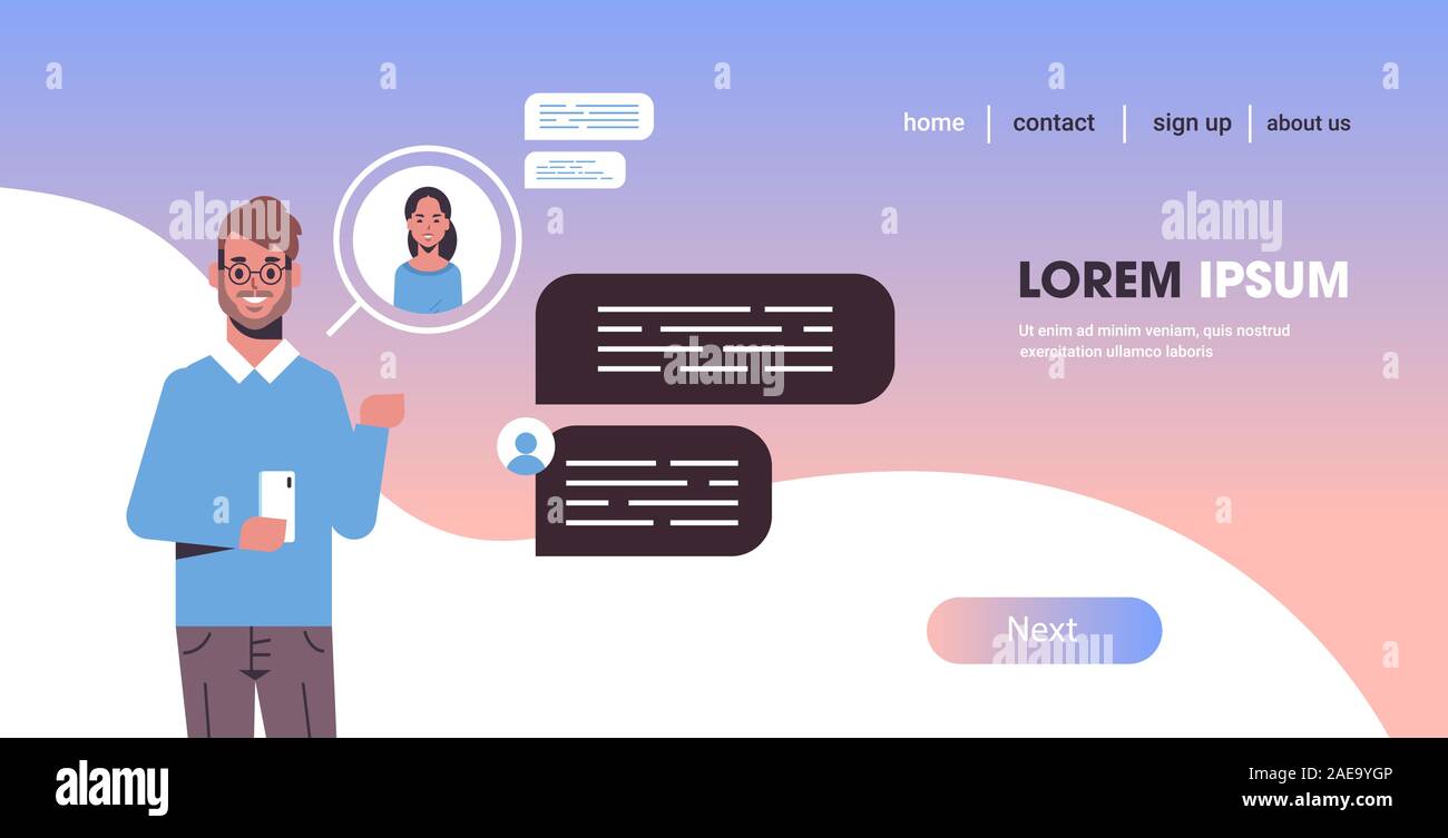 guy holding smartphone man chatting with woman social network chat ...