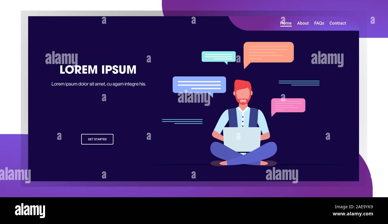 man using laptop computer chatting app social network speech chat ...