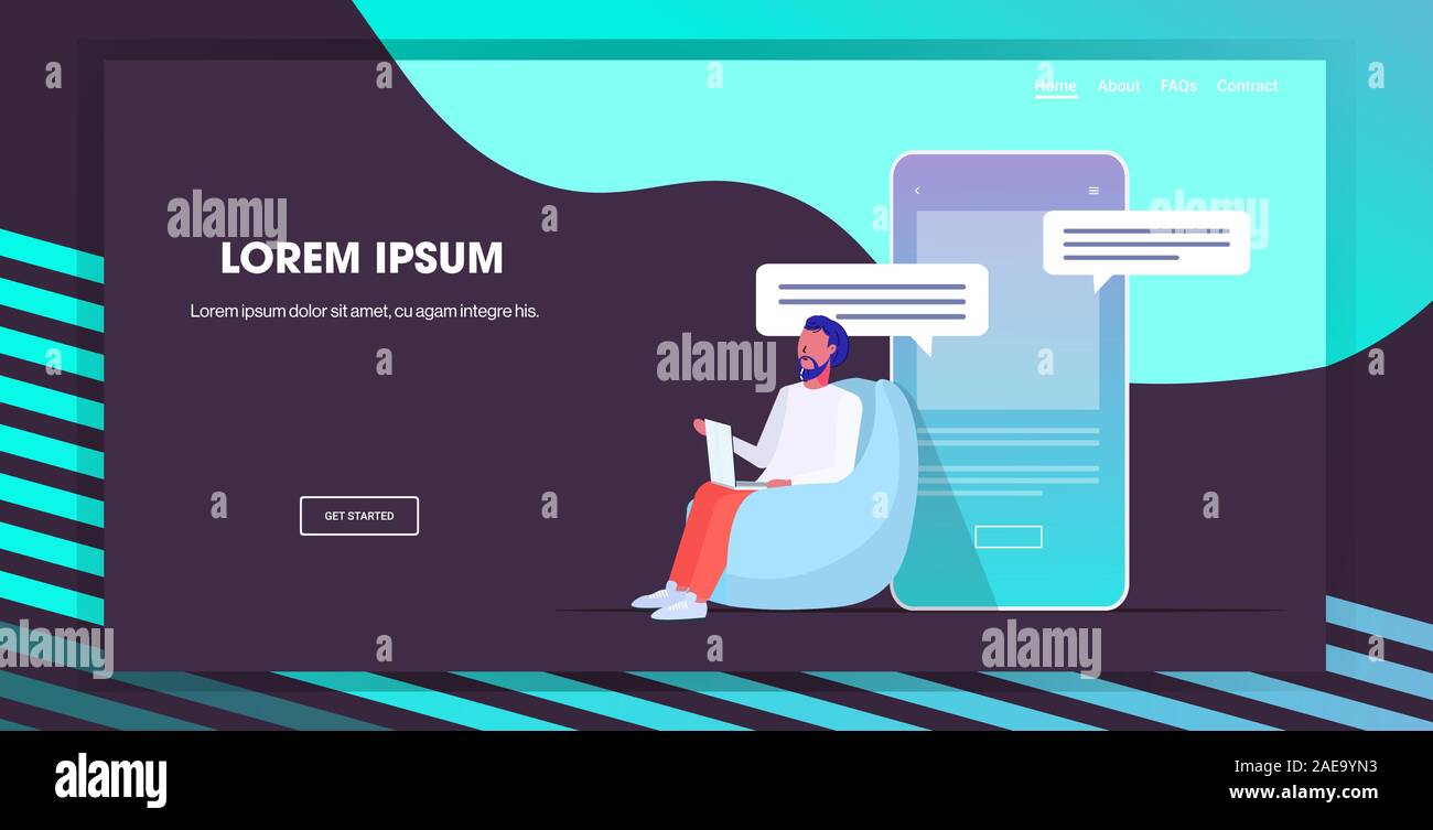 man using laptop computer chatting app social network speech chat ...