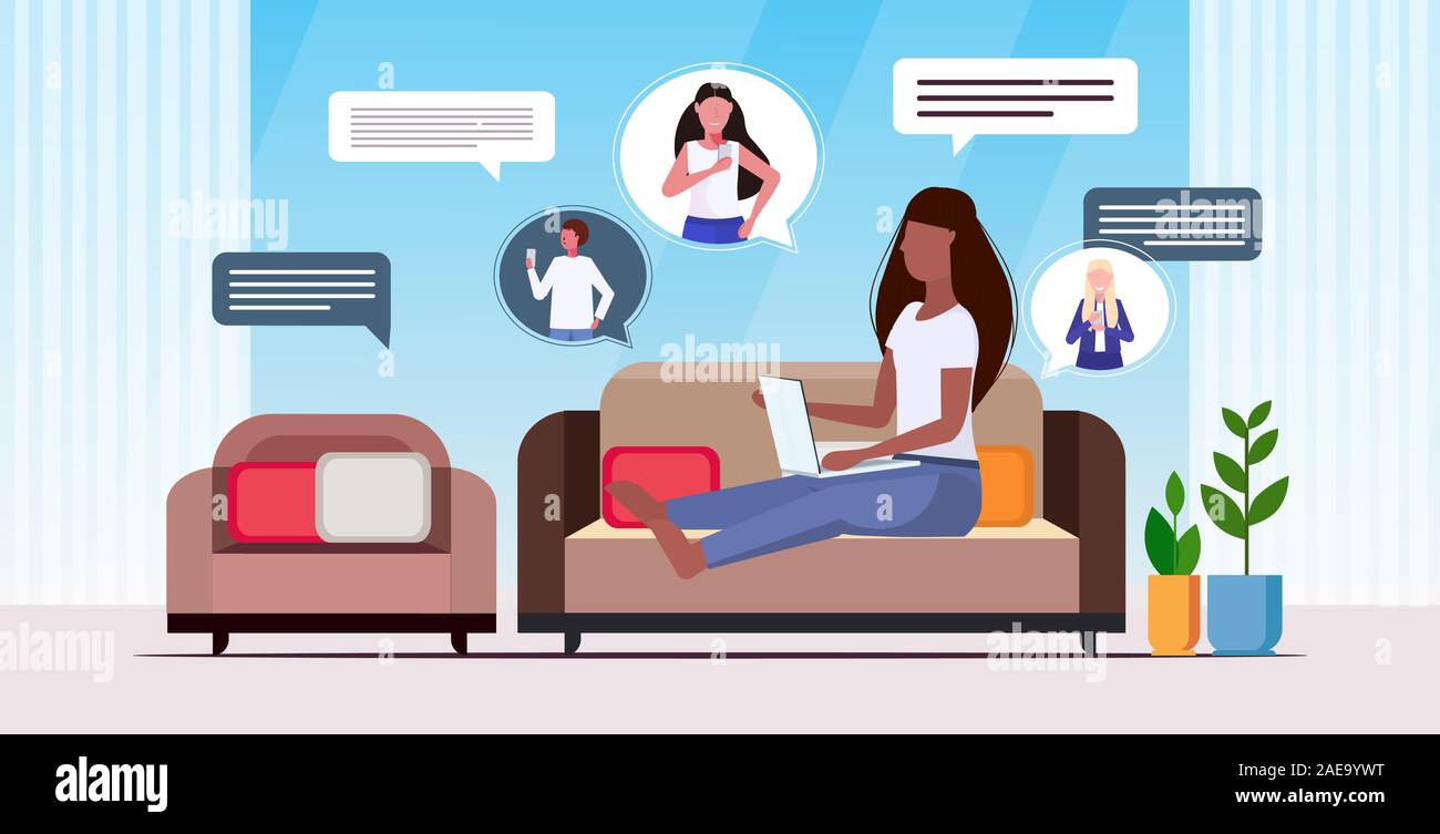 woman using laptop computer chatting app social network speech chat ...