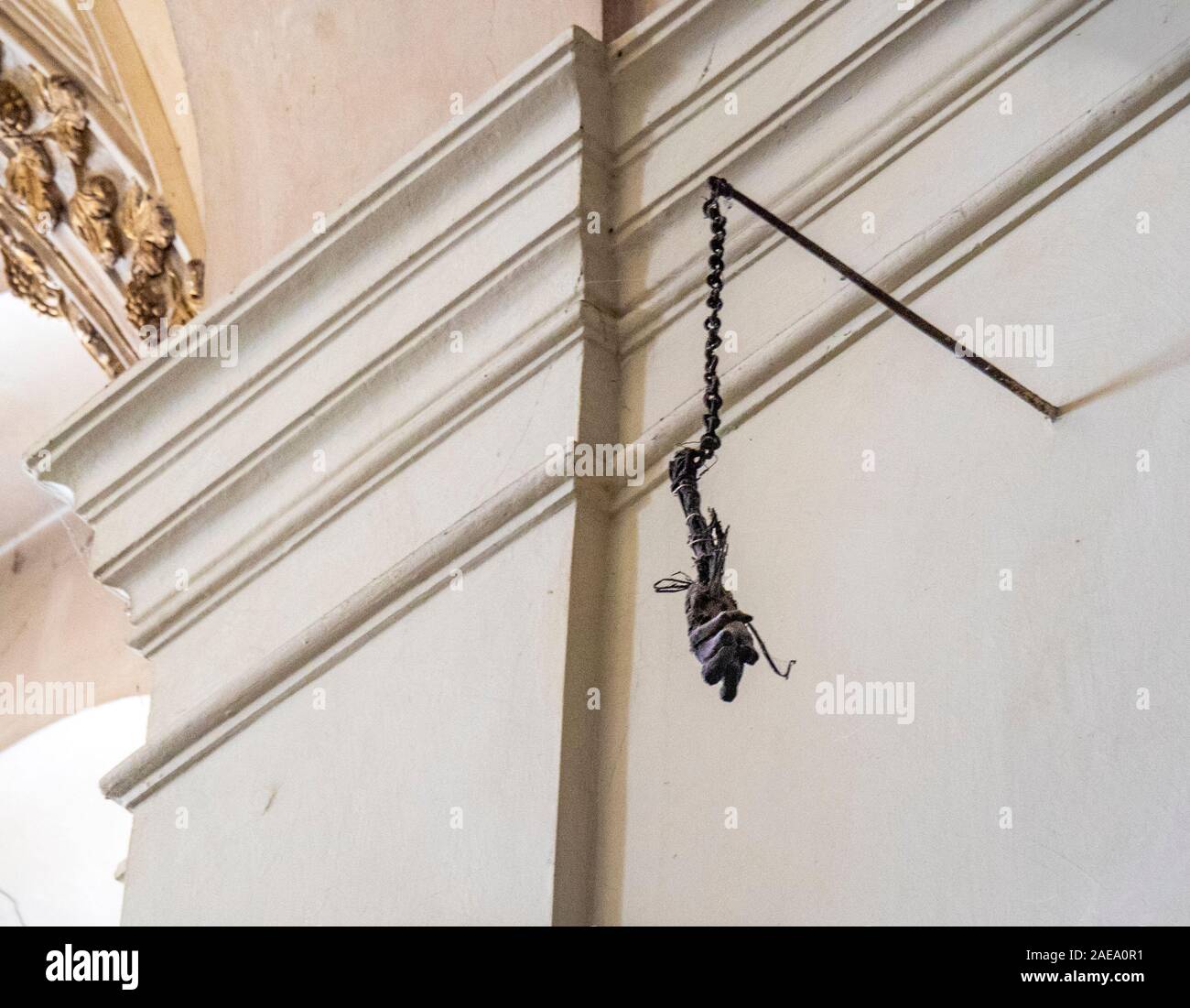The mummified hand of a thief hanging from a chain in Basilica of St ...