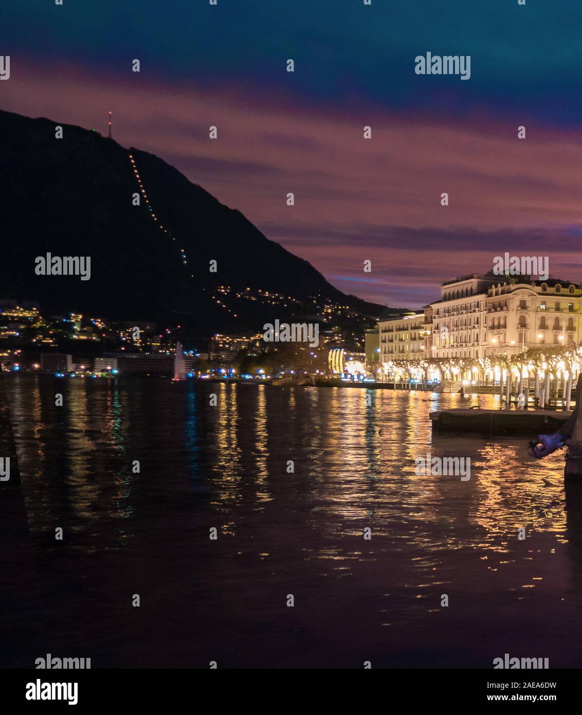 Lugano - Switzerland. night view with christmas lights on the lakefront ...