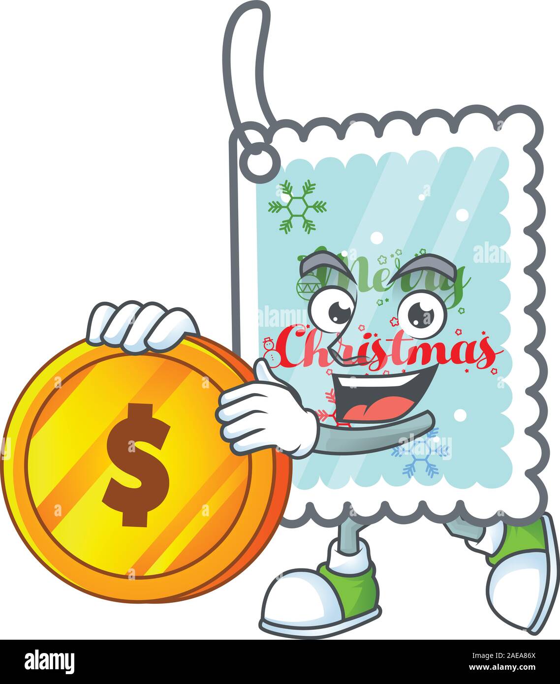 happy christmas greeting card cartoon character with gold coin Stock ...