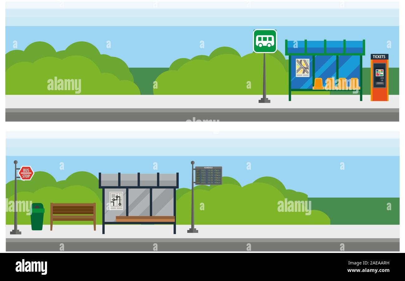 Empty bus stop with glass shelter and road signs Stock Vector Image ...