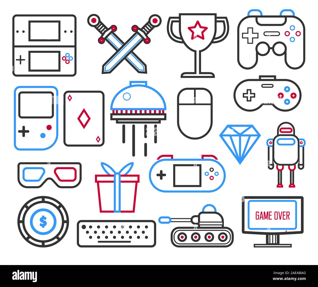Video games console with joystick controllers and toys linear icons ...