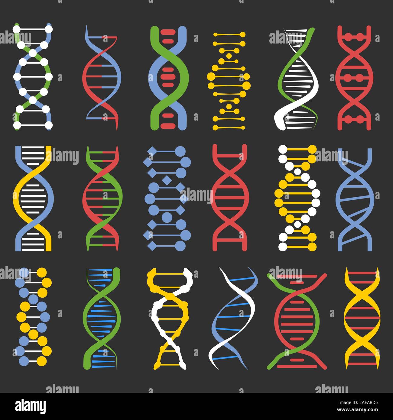 DNA molecule chains colourful icons collection on black background ...