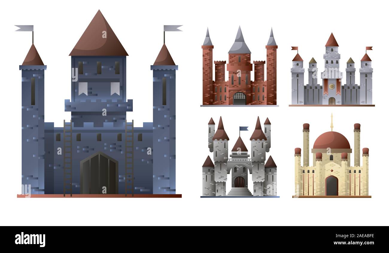 Medieval castles and fortresses architectural structures in grey and ...