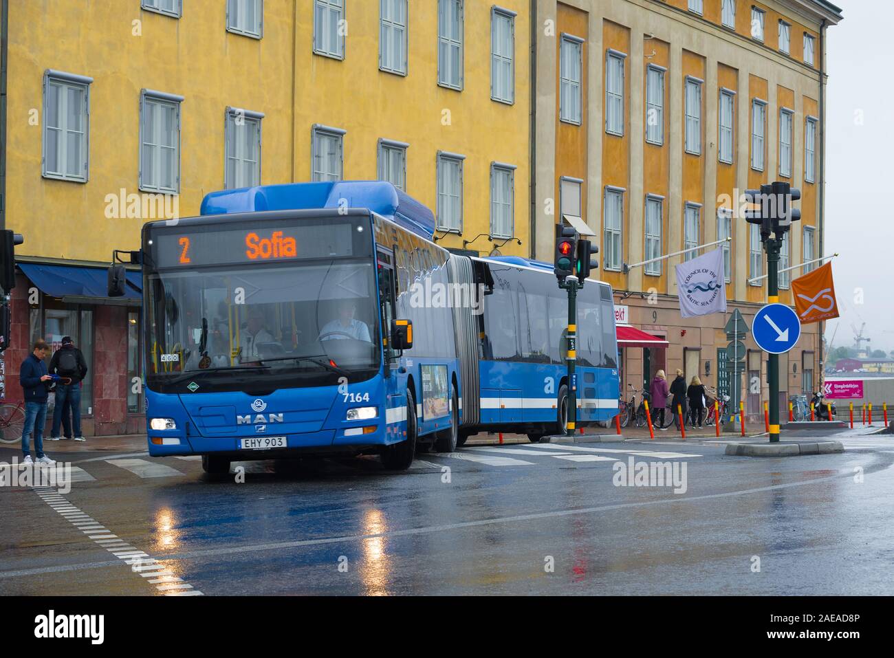 STOCKHOLM, SWEDEN - AUGUST 29, 2016: MAN two-section city bus turns in ...