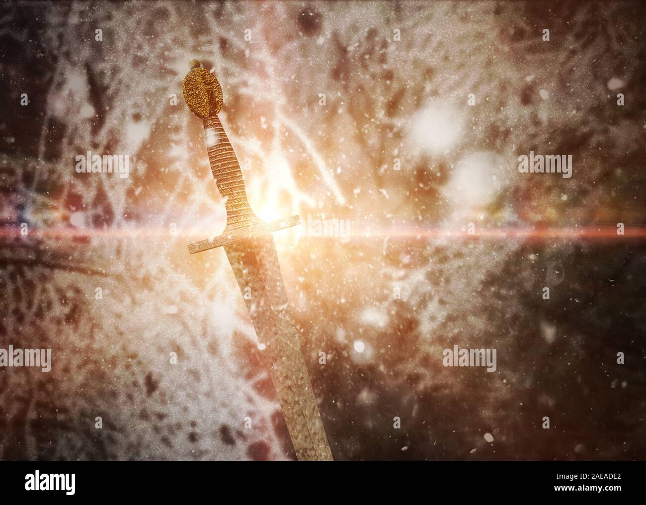 Medieval weapon 3d rendered sword surrounded by the falling snow ...